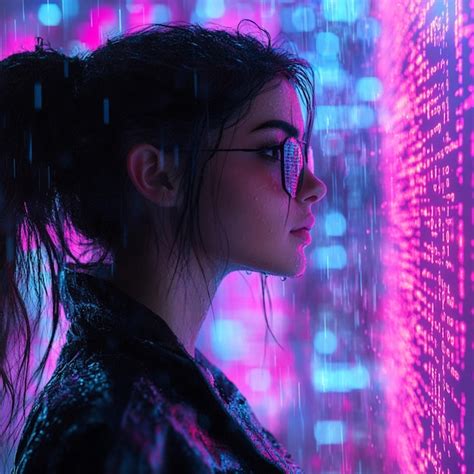 Side View Portrait Of A Skilled Cyberpunk Girl Programmer Against A