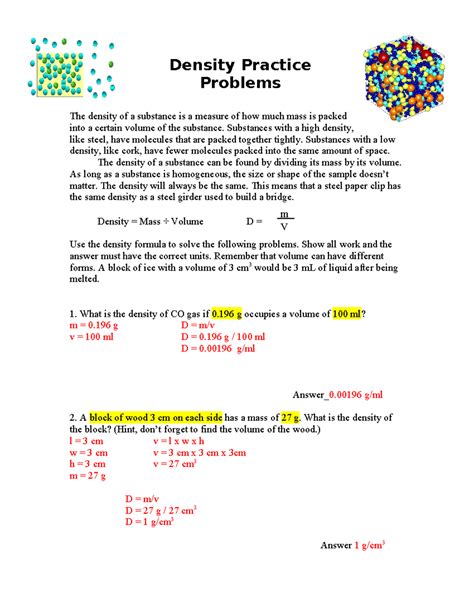 Density Problems Answer Key Density Practice Problems The Density Of