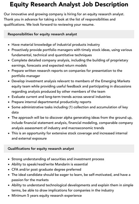 Equity Research Analyst Job Description Velvet Jobs
