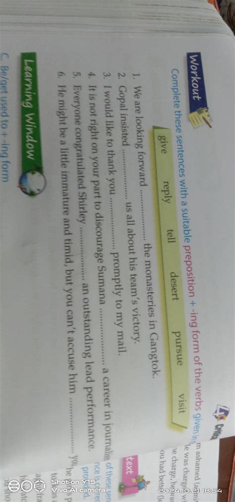 Workout Complete These Sentences With A Suitable Preposition Ing Form