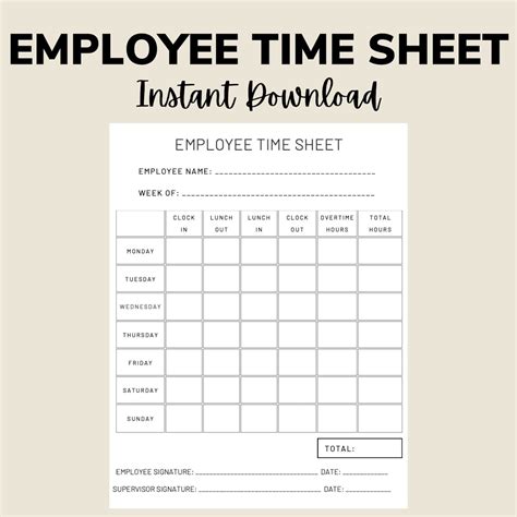 Employee Time Sheet Printable Digital Template Printable Time Card