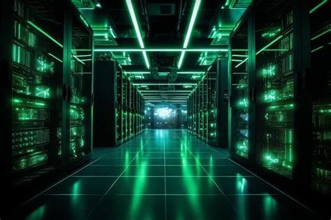 A Server Room With Green Lights Indicating Energyefficient Operations