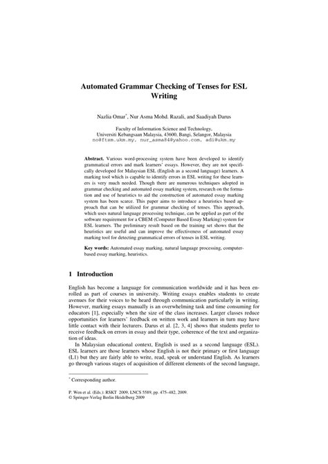 Pdf Automated Grammar Checking Of Tenses For Esl Writing
