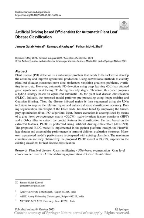 Artificial Driving Based Efficientnet For Automatic Plant Leaf Disease Classification Request Pdf