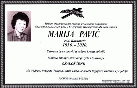 Marija PaviĆ 1936 2020 Zubac Doo