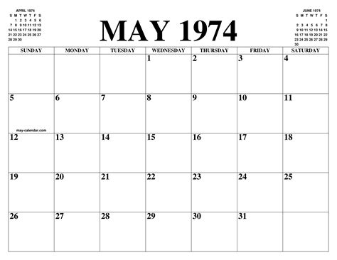May 1974 Calendar Of The Month Free Printable May Calendar Of The Year Agenda