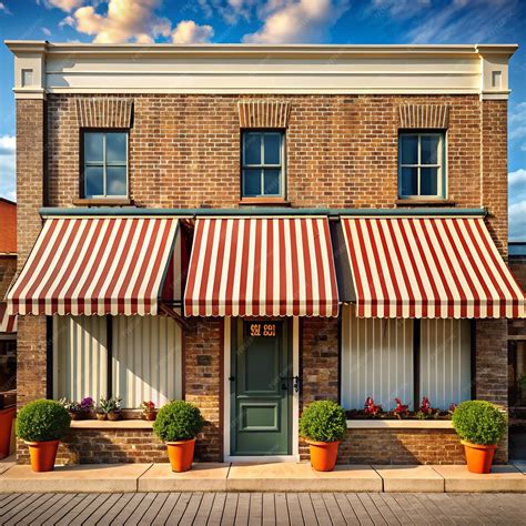 Vintage Storefront With Striped Canvas Awnings Evoking A Nostalgic