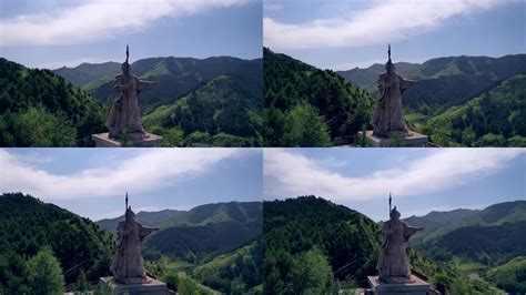 中国山西省雁门关长城上杨柳郎雕像的航拍照片。视频素材下载