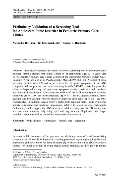 Pdf Preliminary Validation Of A Screening Tool For Adolescent Panic Disorder In Pediatric