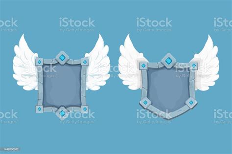 돌 방패 보석과 날개가 있는 프레임은 배경에 격리된 만화 스타일의 게임 보상 보드입니다 매직 로얄 자산 템플릿입니다 벡터 그림