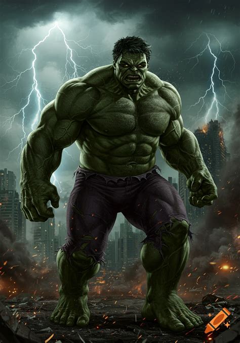Photorealistic Image Of A Colossal Green Muscular Fighter In Blue