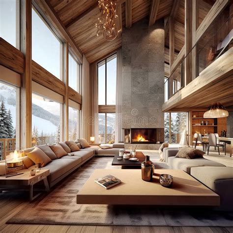 Luxury Wooden Chalet With Fireplace Interior Design Of Modern Living
