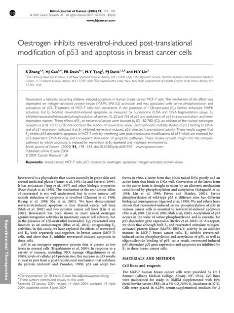 Pdf Oestrogen Inhibits Resveratrol Induced Post Translational