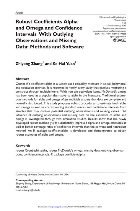 Pdf Robust Coefficients Alpha And Omega And Confidence Intervals With Outlying Observations