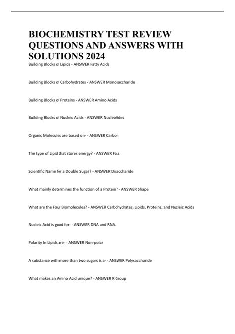 Biochemistry Test Review Questions And Answers With Solutions 2024