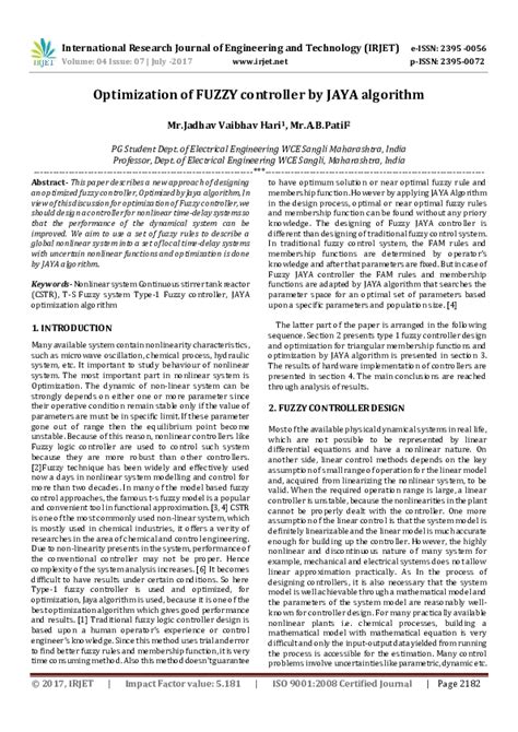 Pdf Optimization Of Fuzzy Controller By Jaya Algorithm