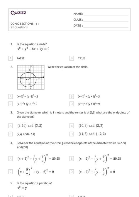 50 conic sections worksheets for 11th class on quizizz free and printable