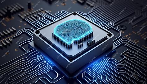 인공 지능 하드웨어 아이디어의 렌더링 컴퓨터 마더보드에는 흰색 마이크로칩에 깜박이는 뇌 회로가 있습니다 대규모 데이터 처리를