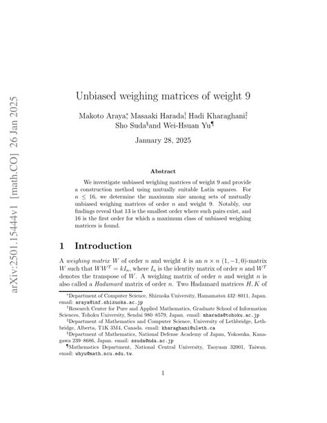 Pdf Unbiased Weighing Matrices Of Weight 9