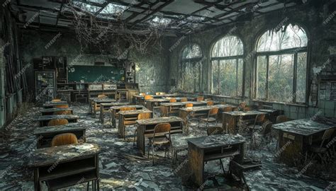 Desolate Classroom With Decaying Desks And Chairs Premium Ai