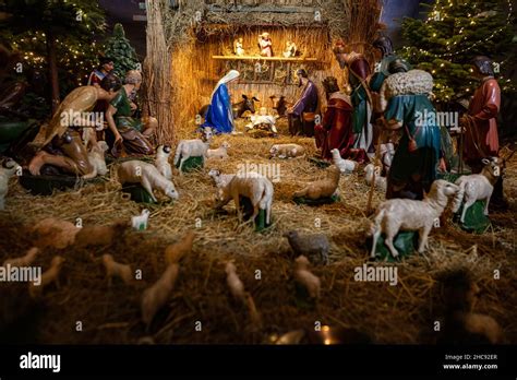 Nativity Scene Figures Placed In Church For Christmas Design Stock