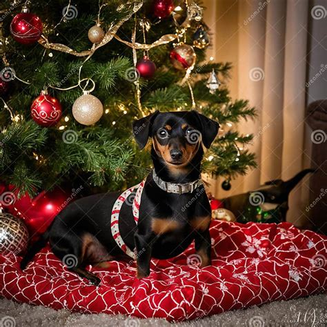 Black Chiweenie Posing Beside A Beautifully Decorated Christmas Tree