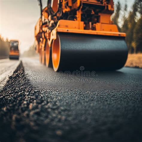 Road Roller Compacting Fresh Asphalt On A Highway Construction Site