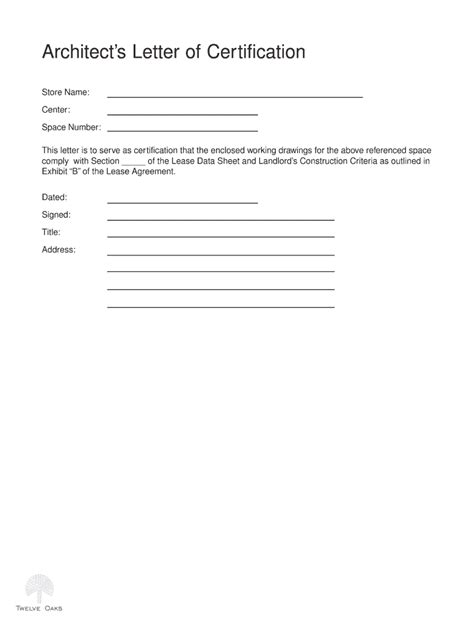 Fillable Online Architects Letter Of Certification Taubman Centers