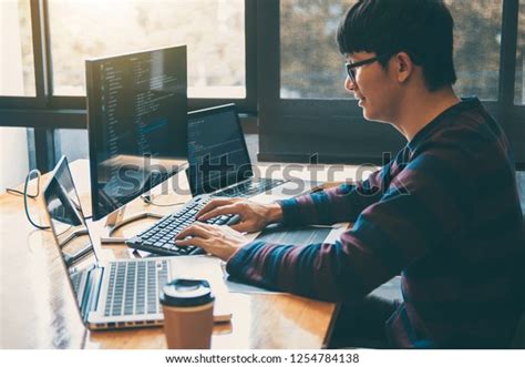 Professional Development Programmer Working Programming Website Stock