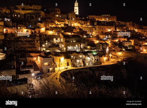Amazing Lighted Buildings In Ancient Sassi District By Night In Matera