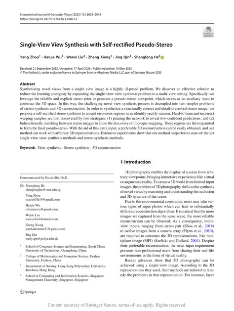 Single View View Synthesis With Self Rectified Pseudo Stereo Request Pdf