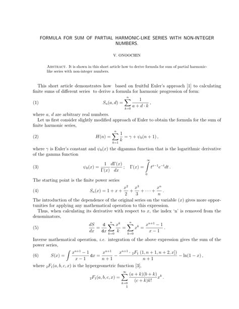 Pdf Formula For Sum Of Partial Harmonic Like Series With Non Integer