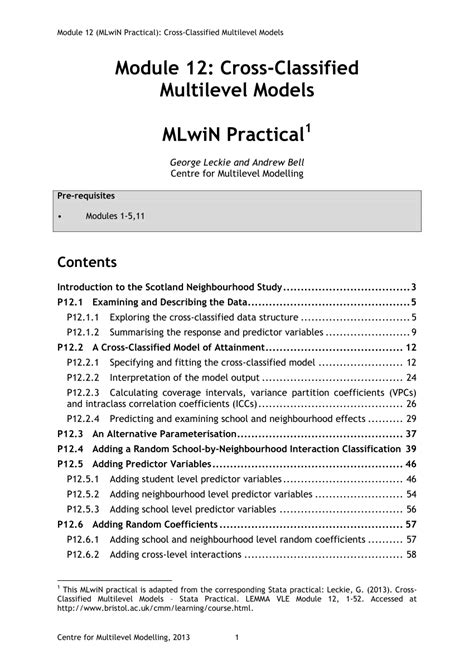 Pdf Module 12 Cross Classified Multilevel Models Mlwin Practical