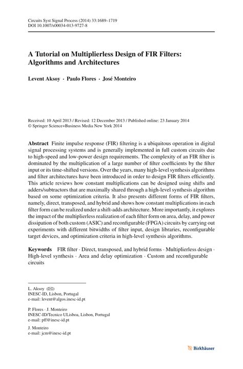 Pdf A Tutorial On Multiplierless Design Of Fir Filters Algorithms And Architectures