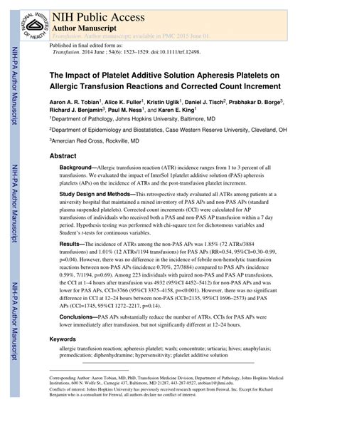 Pdf The Impact Of Platelet Additive Solution Apheresis Platelets On Allergic Transfusion