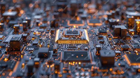 Microchip Surface With Intricate Circuit Patterns And Reflective Metallic Textures Premium Ai