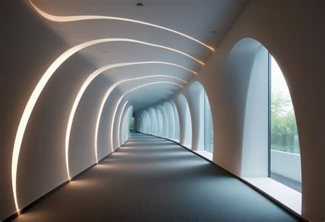 Wave Shaped Artificial Lighting In Corridor With Daylit Windows