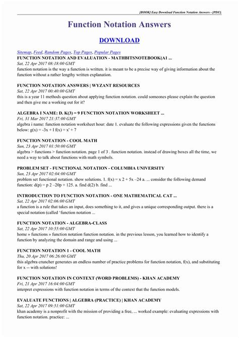 Function Notation Worksheet Answers