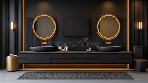 Contemporary Double Sink Bathroom With Round Mirrors 3d Rendering