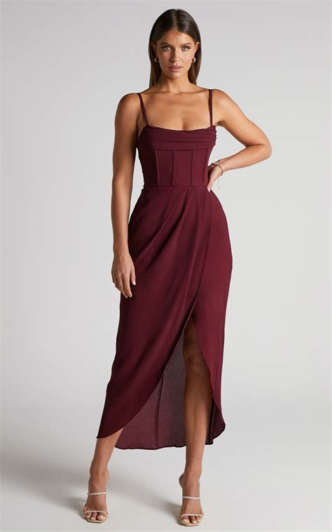 Andrina Midi Dress High Low Wrap Corset Dress In Wine Showpo Usa