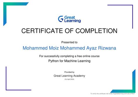 completion of python for machine learning course mohammed moiz posted