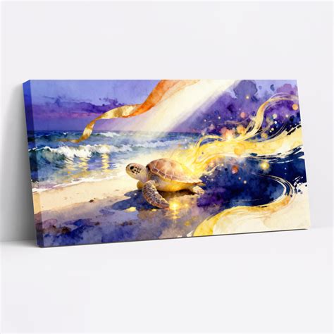 Highland Dunes Sea Turtle And Golden Waves Watercolor Canvas Wrapped