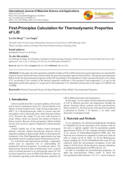 Pdf First Principles Calculation For Thermodynamic Properties Of