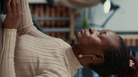 Vertical Video African American Software Engineer Working Focused Looking At Computer Screen
