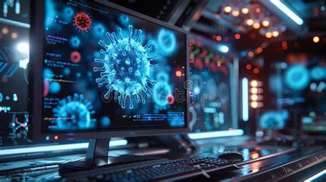High Tech Laboratory With A Computer Screen Displaying A Virus Image Representing Cybersecurity