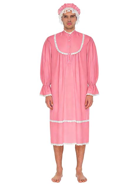 Tiaobug Mens Long Sleeve Sleep Gown With Sleeping Cap Lace Trim