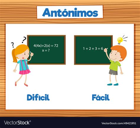Antonym Word Card Dificil And Facil Means Vector Image