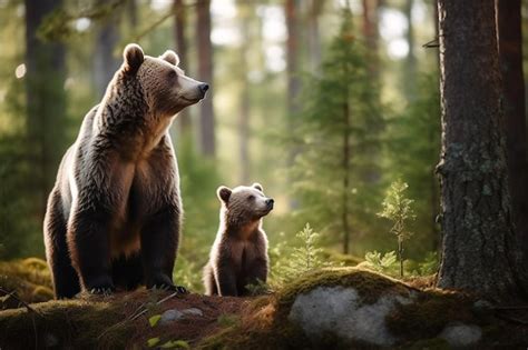 Premium Ai Image A Bear And Her Cub In A Forest