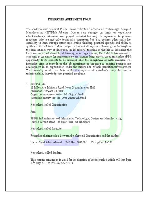 Internship Agreement Form Download Free Pdf Internship Job Hunting