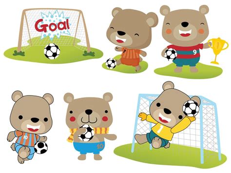 Vector Conjunto De Linda Oso Dibujos Animados Jugando Fútbol Fútbol